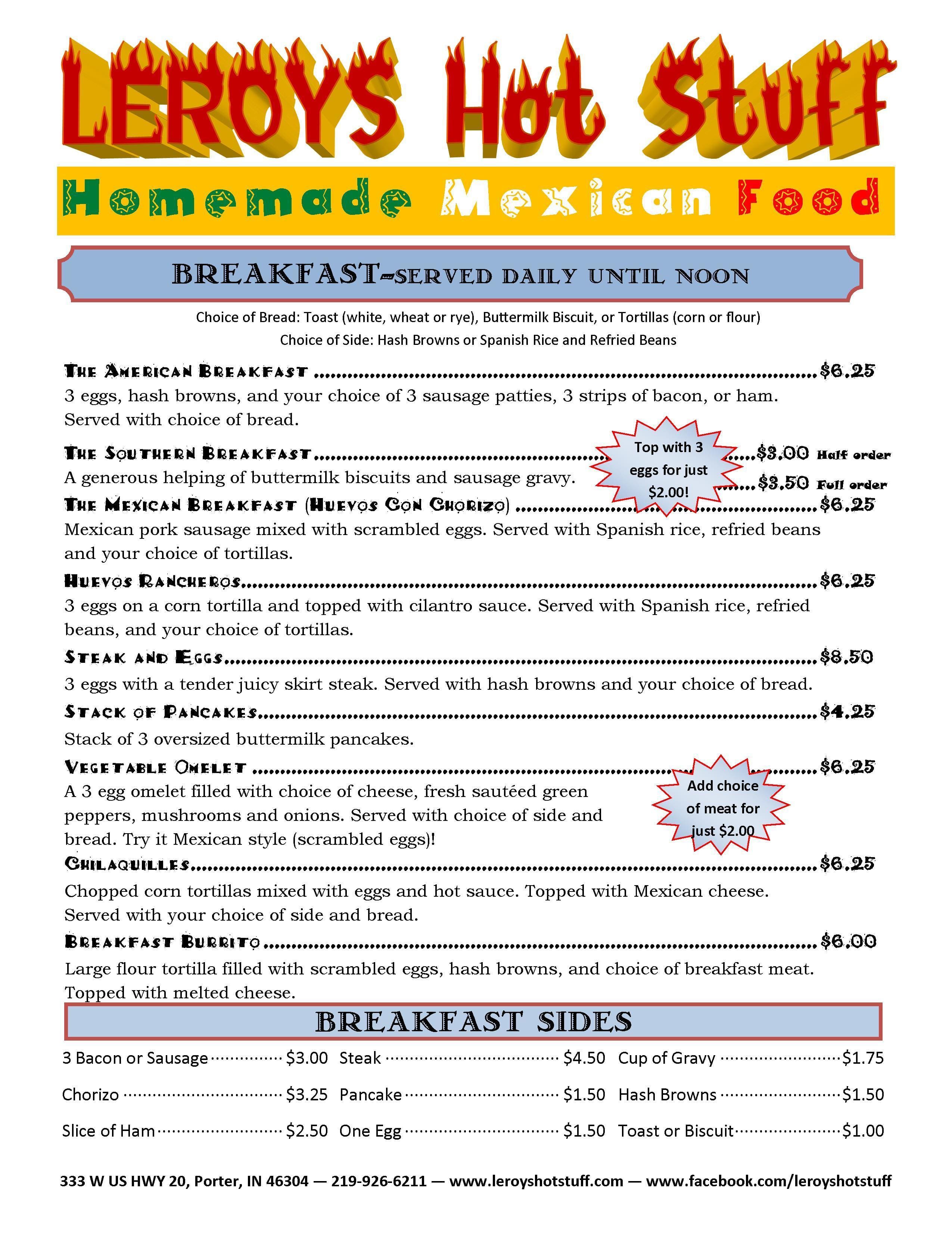 Menu at Leroy's Hot Stuff pub & bar, Porter