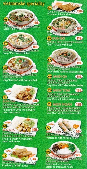 Menu at VIET RESTAURANT, Prague