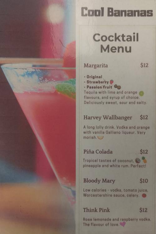 Menu at Cool Bananas cafe, Auckland