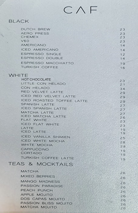 Menu of CAF, Jumeirah 1, Dubai