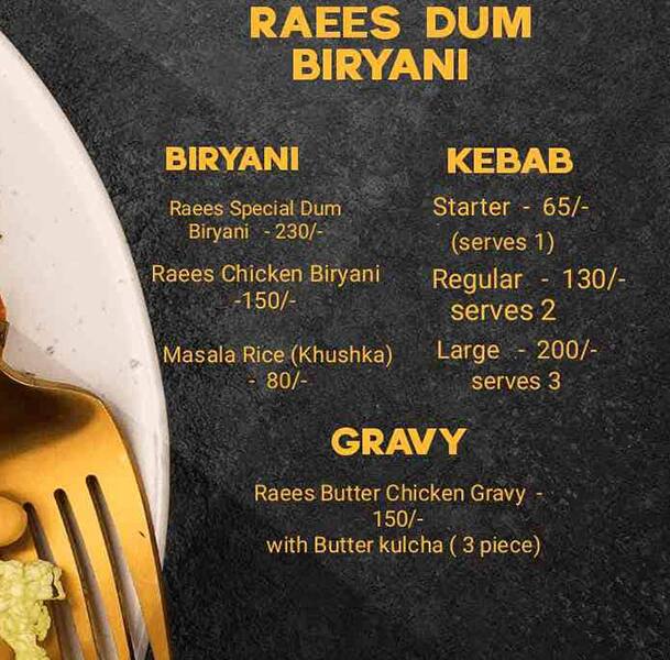 Menu of Raees Dum Biryani, BTM, Bangalore