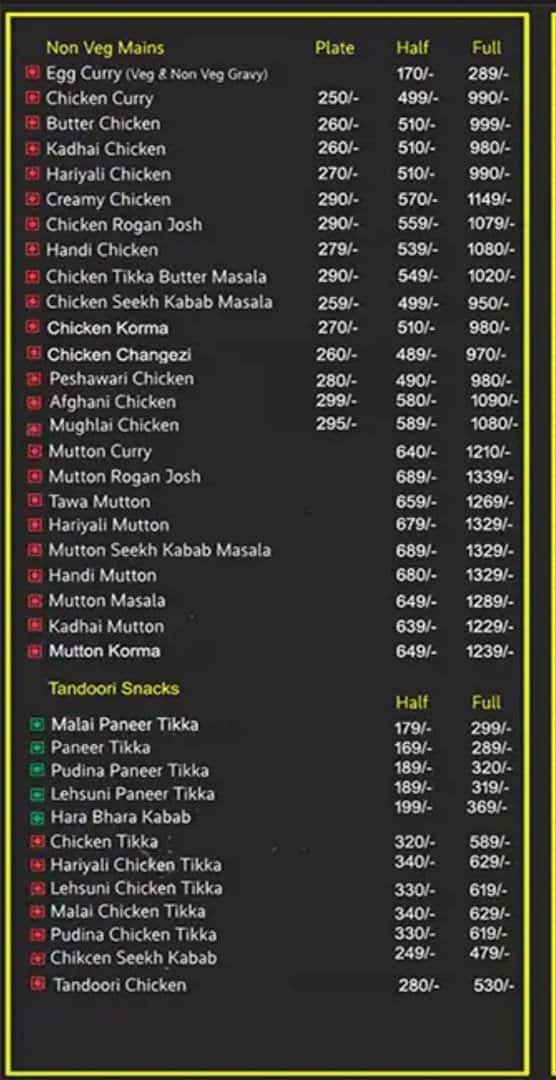 Menu of Mutton Mahal, Inderlok, New Delhi