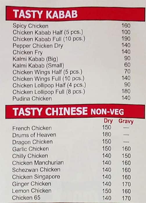 Menu of Tasty Magic, BTM, Bangalore