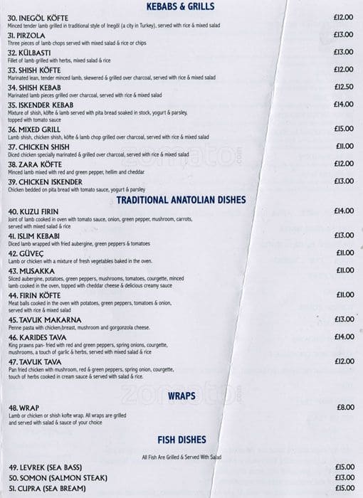 Menu at Zara restaurant, London, 11 S End Rd