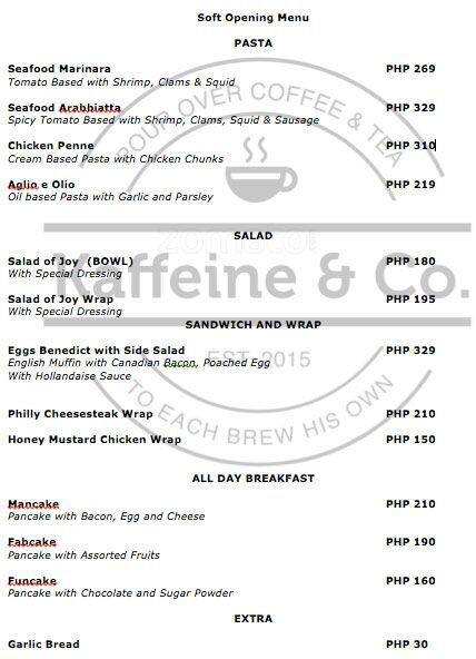 Menu at Kaffeine & Co Beverages cafe, Quezon City
