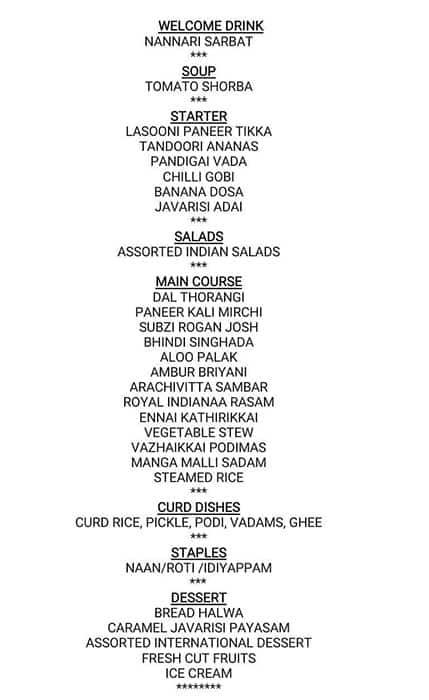 Menu of Royal Indianaa - The Accord Metropolitan, T. Nagar, Chennai