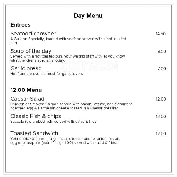 Menu at Galleon restaurant, Oamaru