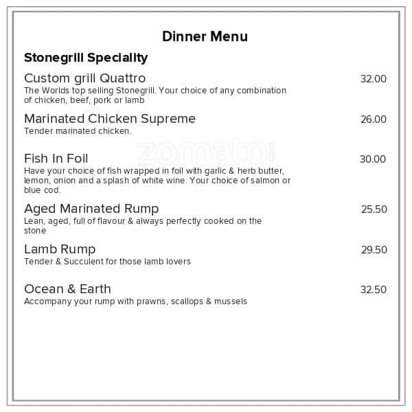 Menu at Galleon restaurant, Oamaru