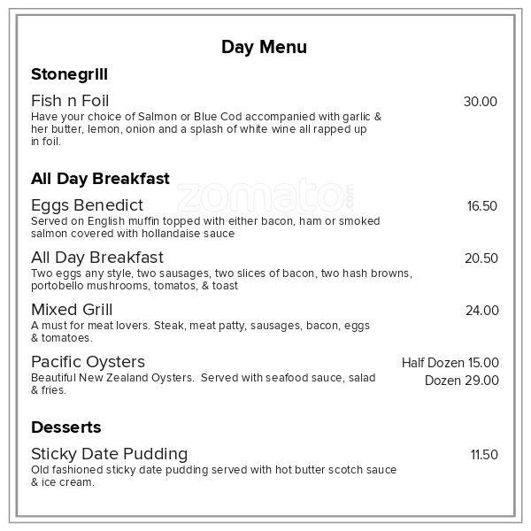 Menu at Galleon restaurant, Oamaru