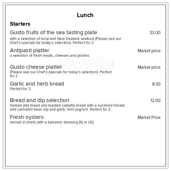 Menu at Gusto Restaurant, Cafe & Bar, New Plymouth