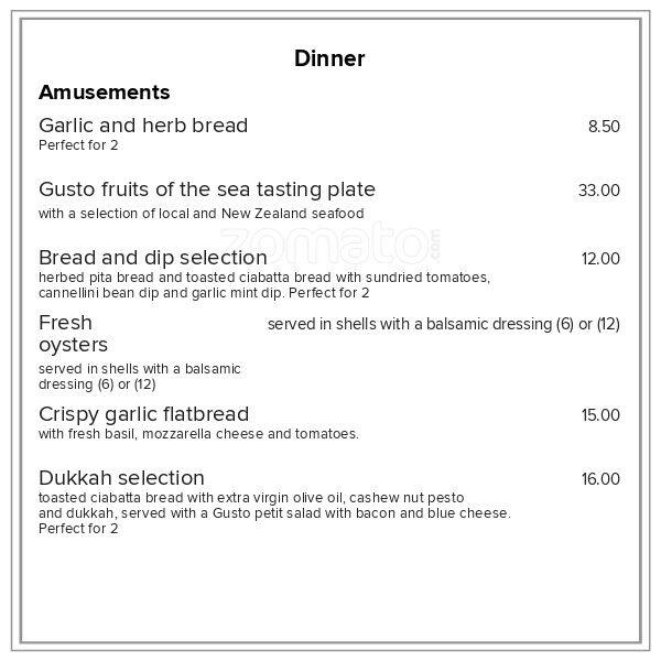 Menu at Gusto Restaurant, Cafe & Bar, New Plymouth