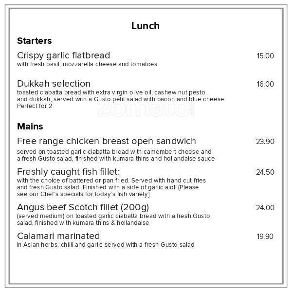 Menu at Gusto Restaurant, Cafe & Bar, New Plymouth