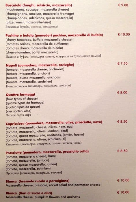Menu at Pancia Felice restaurant, Rome