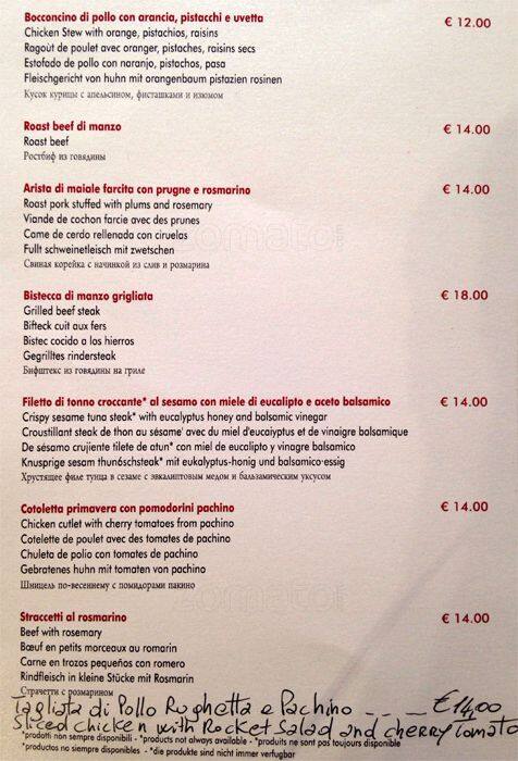 Menu at Pancia Felice restaurant, Rome