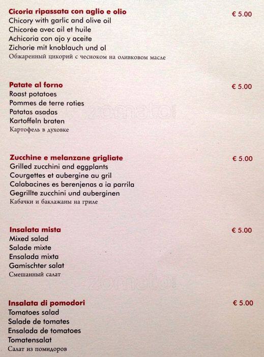 Menu at Pancia Felice restaurant, Rome