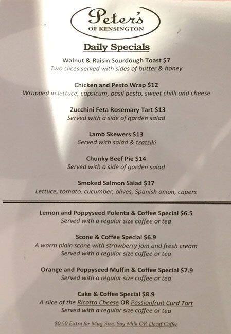 Menu at Peters of Kensington Coffee Shop cafe, Redfern
