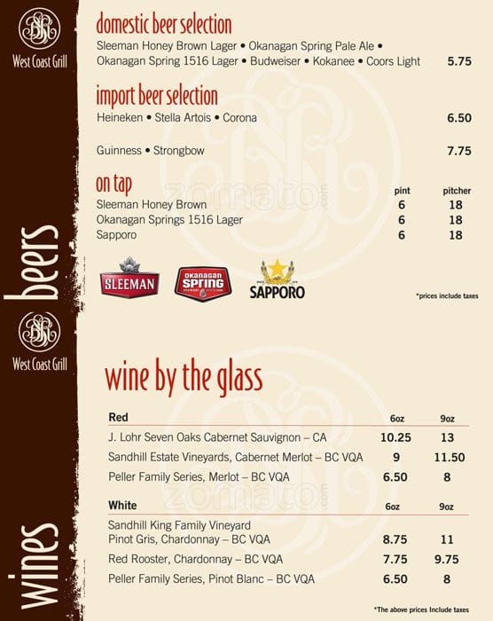 Menu at West Coast Grill restaurant, Pitt Meadows
