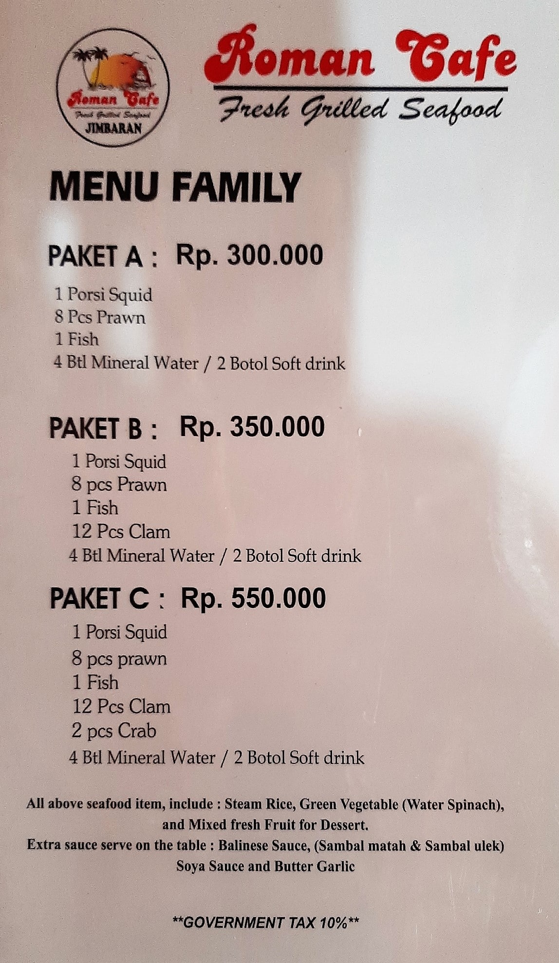 Menu at Roman Cafe, Jimbaran, Jl. Pantai Kedonganan