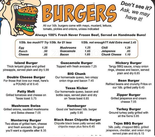 Menu at Chunky's Burgers restaurant, San Antonio, Callaghan Rd