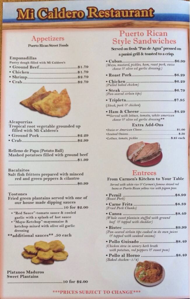 Menu at Mi Caldero restaurant, York, 605 S George St #120