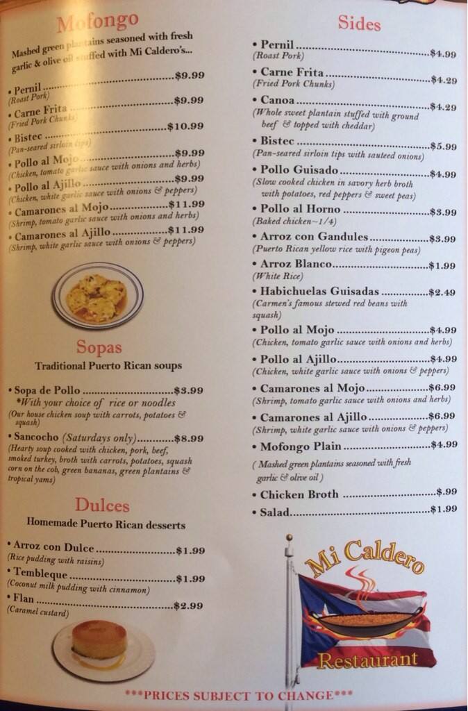Menu at Mi Caldero restaurant, York, 605 S George St #120