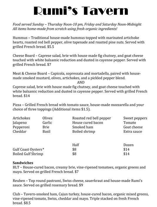 Rumi's Tavern Menu, Menu for Rumi's Tavern, Jonestown, Jonestown ...