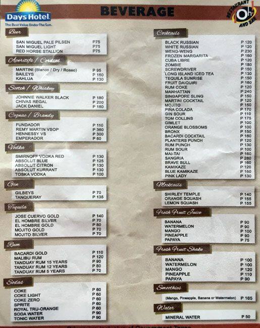 Menu at D'Best VIP Club Inc, Lapu-Lapu City, Days Hotel