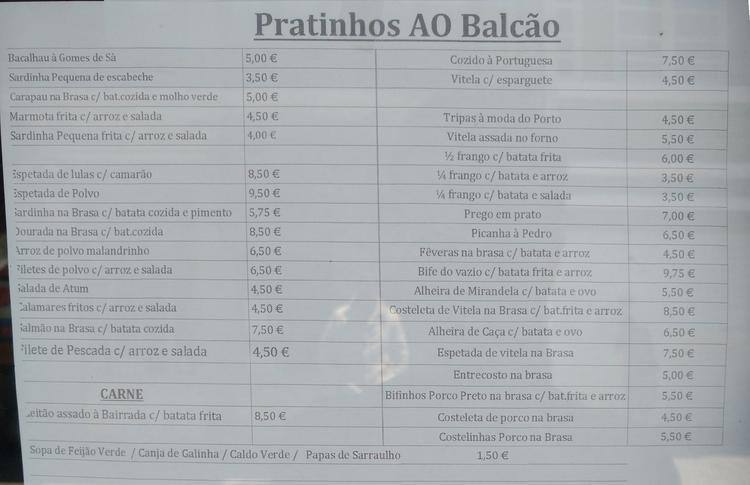 Menu at Pedro dos Frangos restaurant, Porto