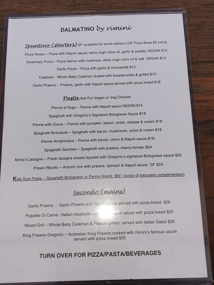 Menu at Dalmatino by Rimini restaurant, Narrabeen