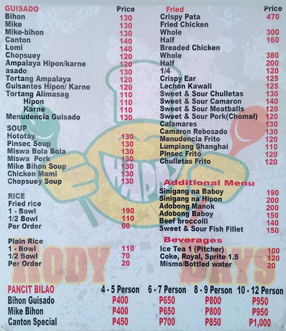 Carta de Rody "Happy" Day's Restaurant, Malabon