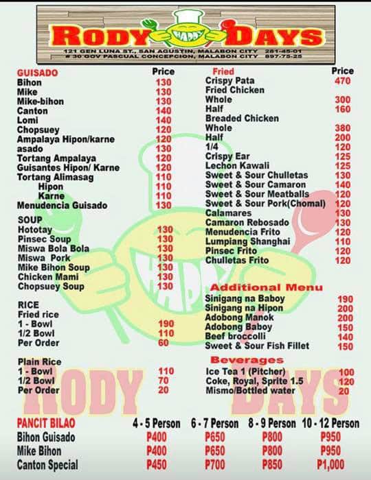 Carta de Rody "Happy" Day's Restaurant, Malabon