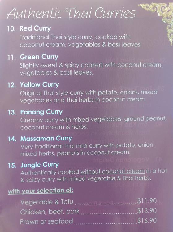 Menu at Thai Hut restaurant, Margate