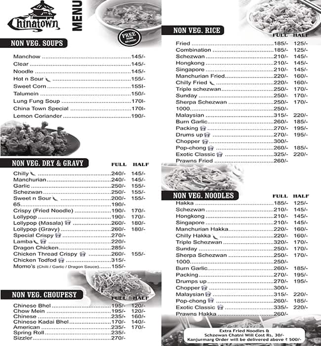 Menu of China Town, Bhandup, Mumbai