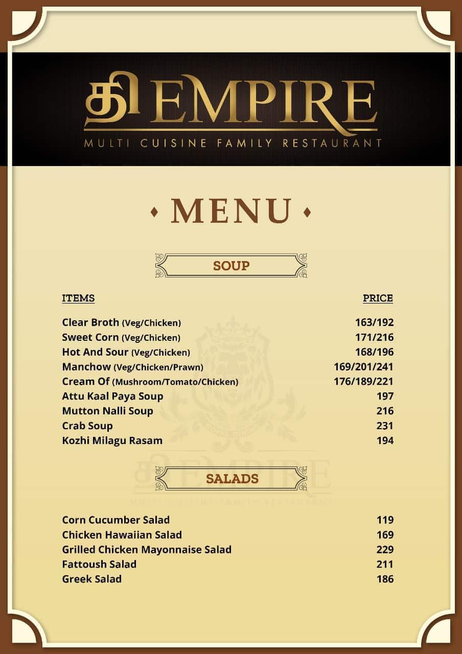 Menu of The Empire Restaurant, Royapettah, Chennai