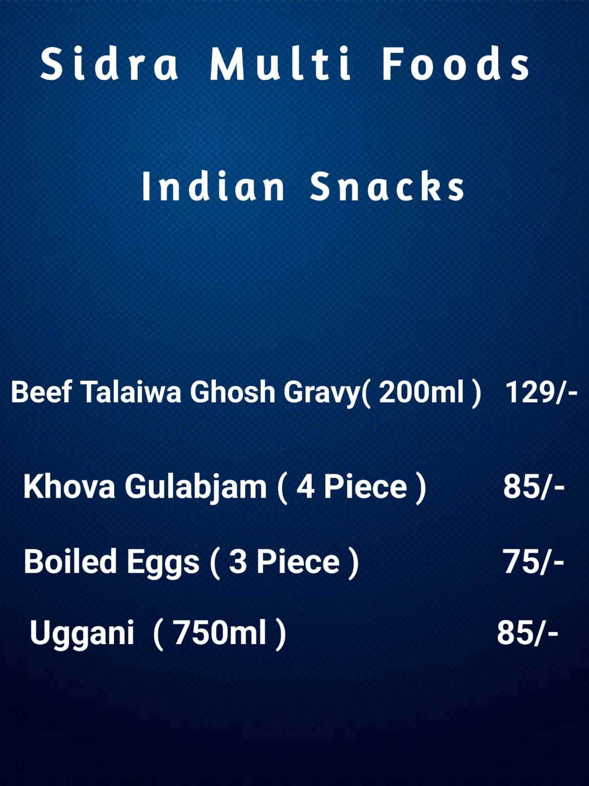 Menu of Sidra Multi Foods, Charminar, Hyderabad