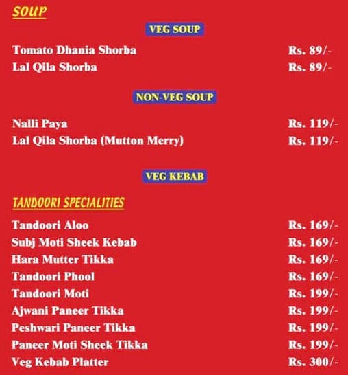 Menu of Lal Qila, Patia, Bhubaneshwar
