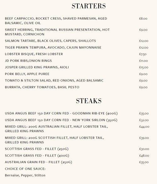 Menu at Goodman steakhouse, London, Old Jewry St