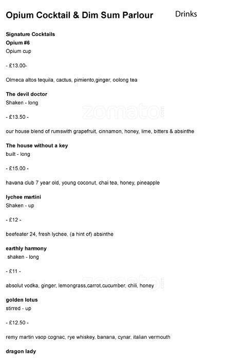 Carta de Opium Cocktail Bar - Soho, Londres, 15-16 Gerrard St