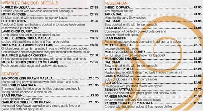 Menu at Wembley Tandoori restaurant, Wembley