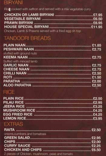 Menu at Wembley Tandoori restaurant, Wembley