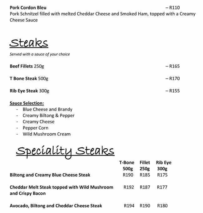 Menu at Rabbit Hole Hotel & Restaurant, Krugersdorp