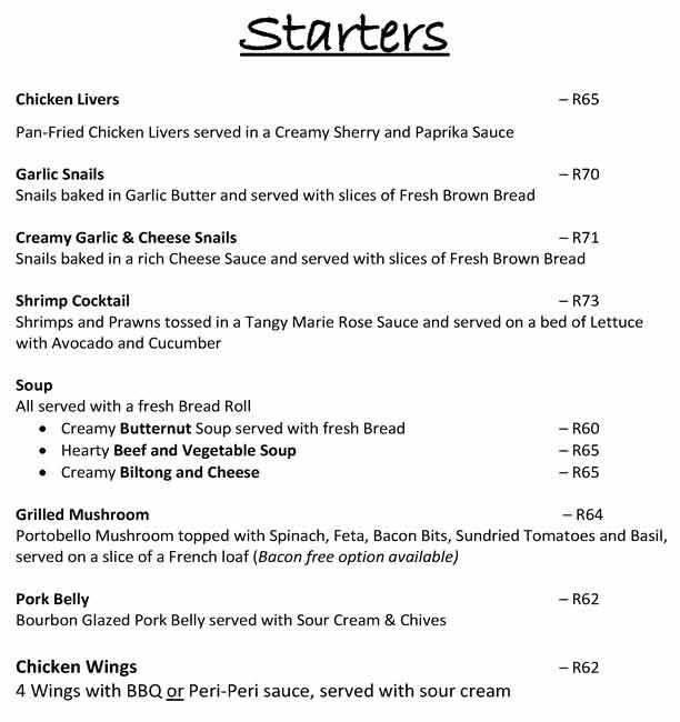 Menu at Rabbit Hole Hotel & Restaurant, Krugersdorp