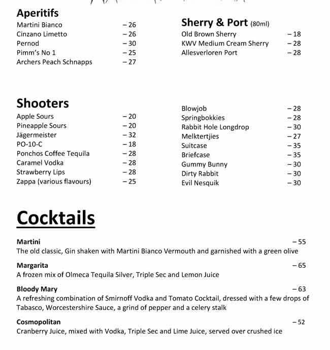 Menu at Rabbit Hole Hotel & Restaurant, Krugersdorp