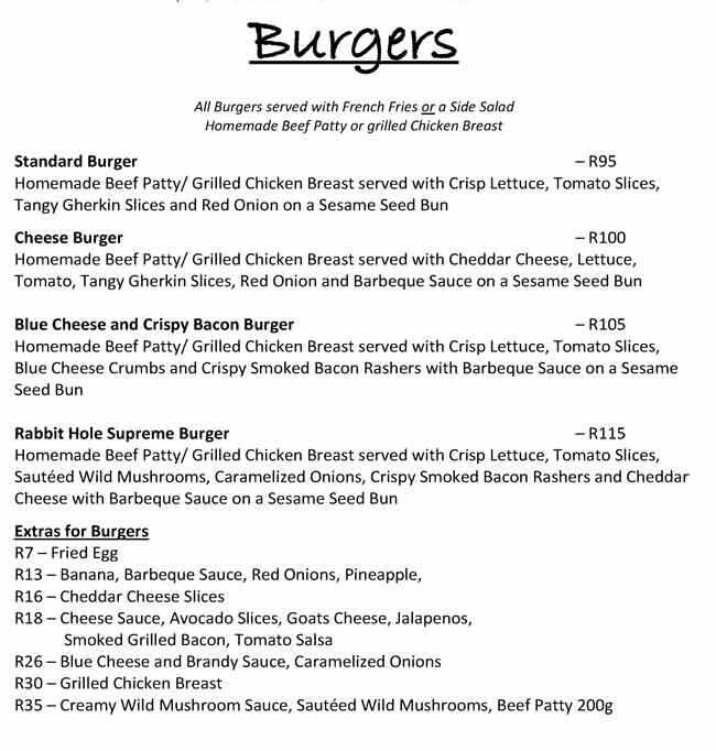 Menu at Rabbit Hole Hotel & Restaurant, Krugersdorp