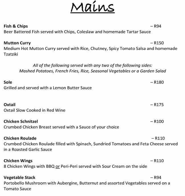 Menu at Rabbit Hole Hotel & Restaurant, Krugersdorp