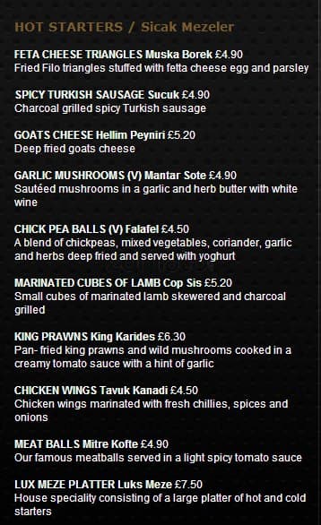 Menu at Efes pub & bar, Manchester