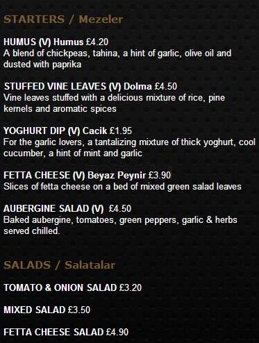 Menu at Efes pub & bar, Manchester