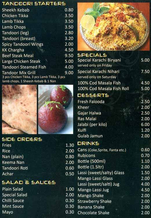 Menu at Kafe Karachi restaurant, Birmingham