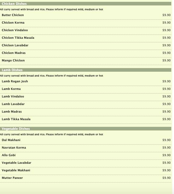 Menu at Yellow Chilli Indian Restaurant, Wellington