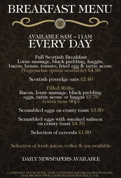 Menu at Cathedral House pub & bar, Glasgow, 28-32 Cathedral Square